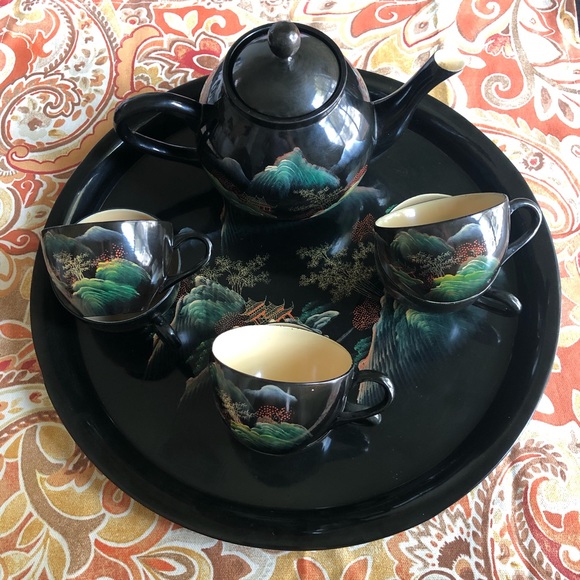 Fujian | Dining | Vintage 95s 8 Piece Fujian Lacquer Wood Tea Set Black ...